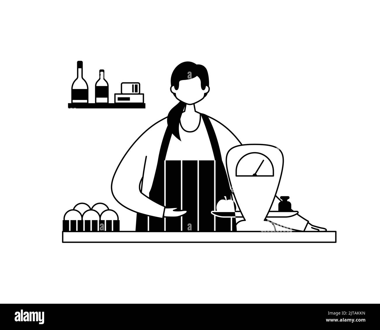 Vector illustration of a saleswoman behind a counter with products and ...
