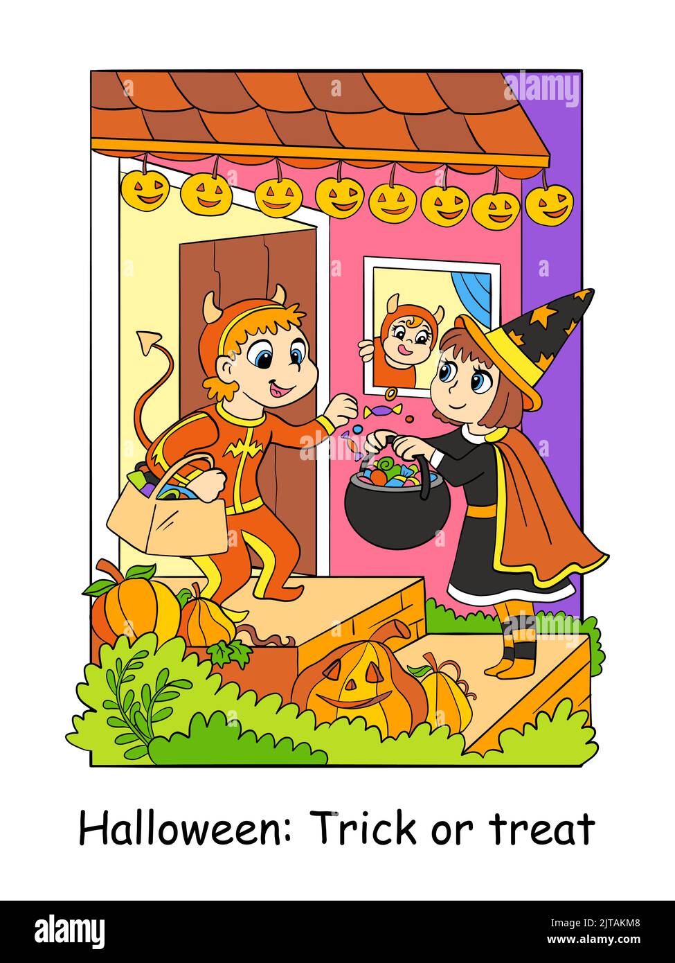 Children dressed as witch and devil exchange sweets. Trick or treat ...