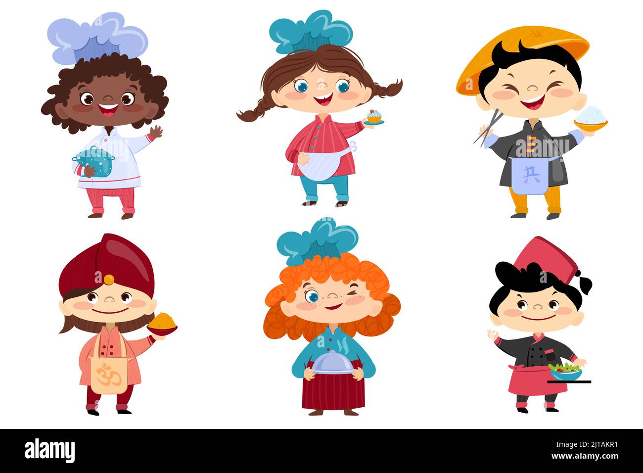 Set of cute kids chef making food. Cartoon vector little children ...