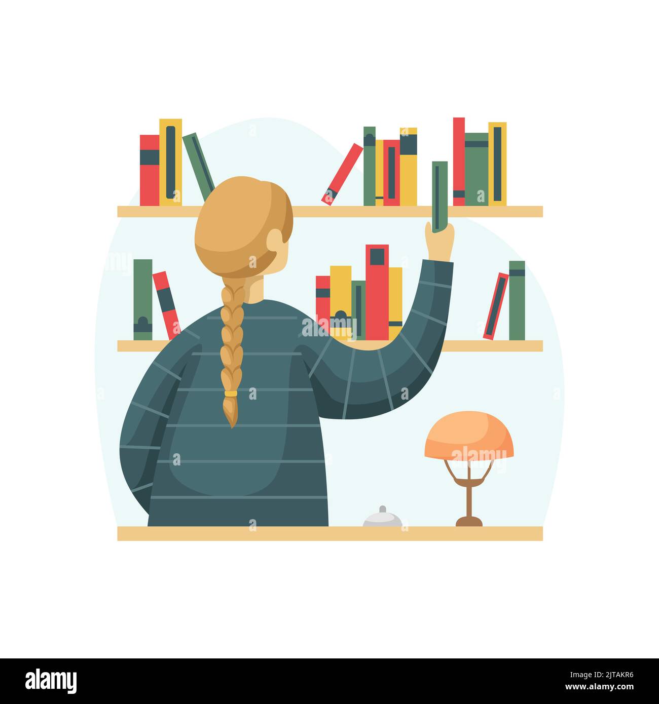 Vector illustration of a librarian woman arranging books on shelves ...