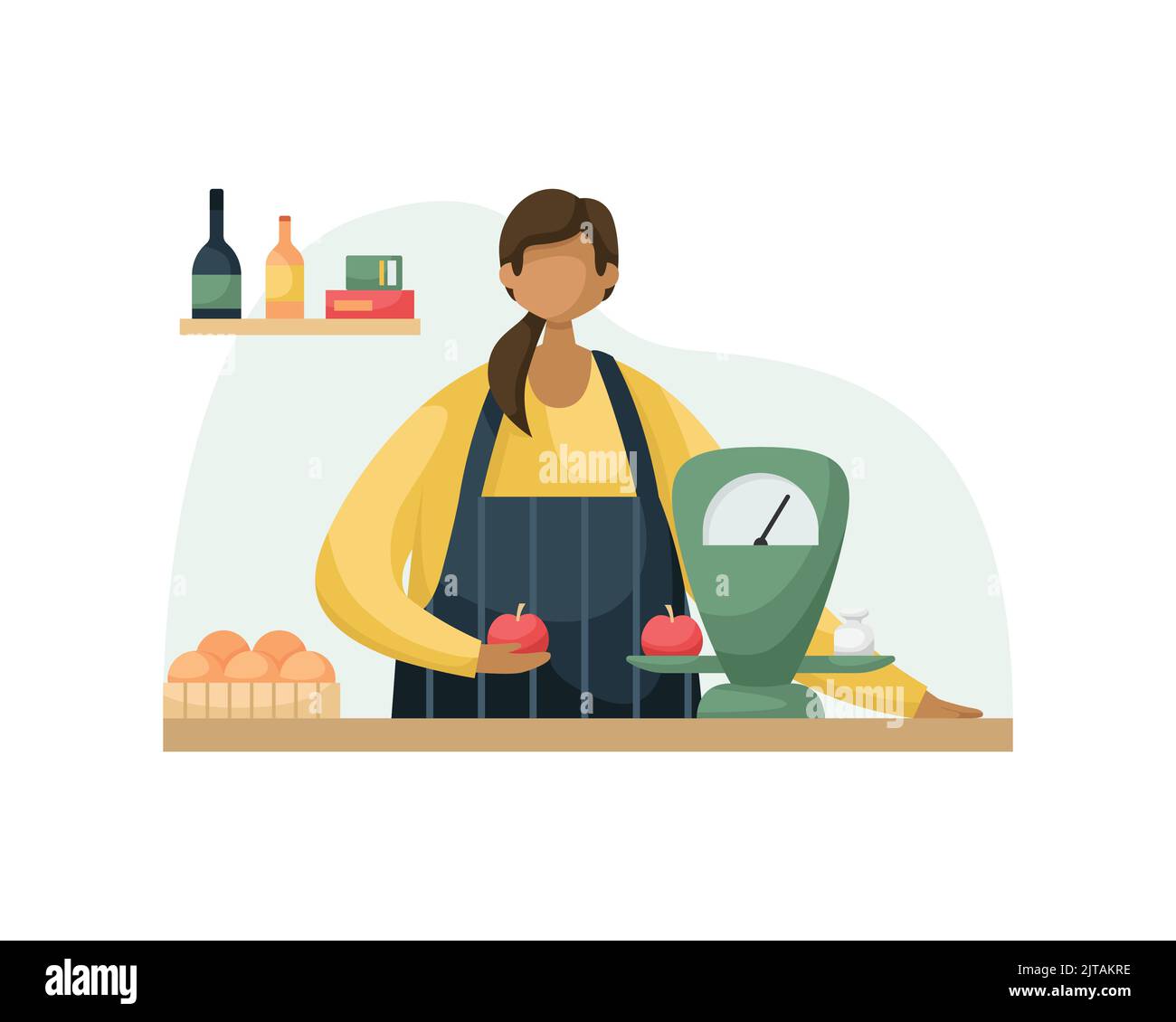 Vector illustration of a saleswoman behind a counter with products and ...