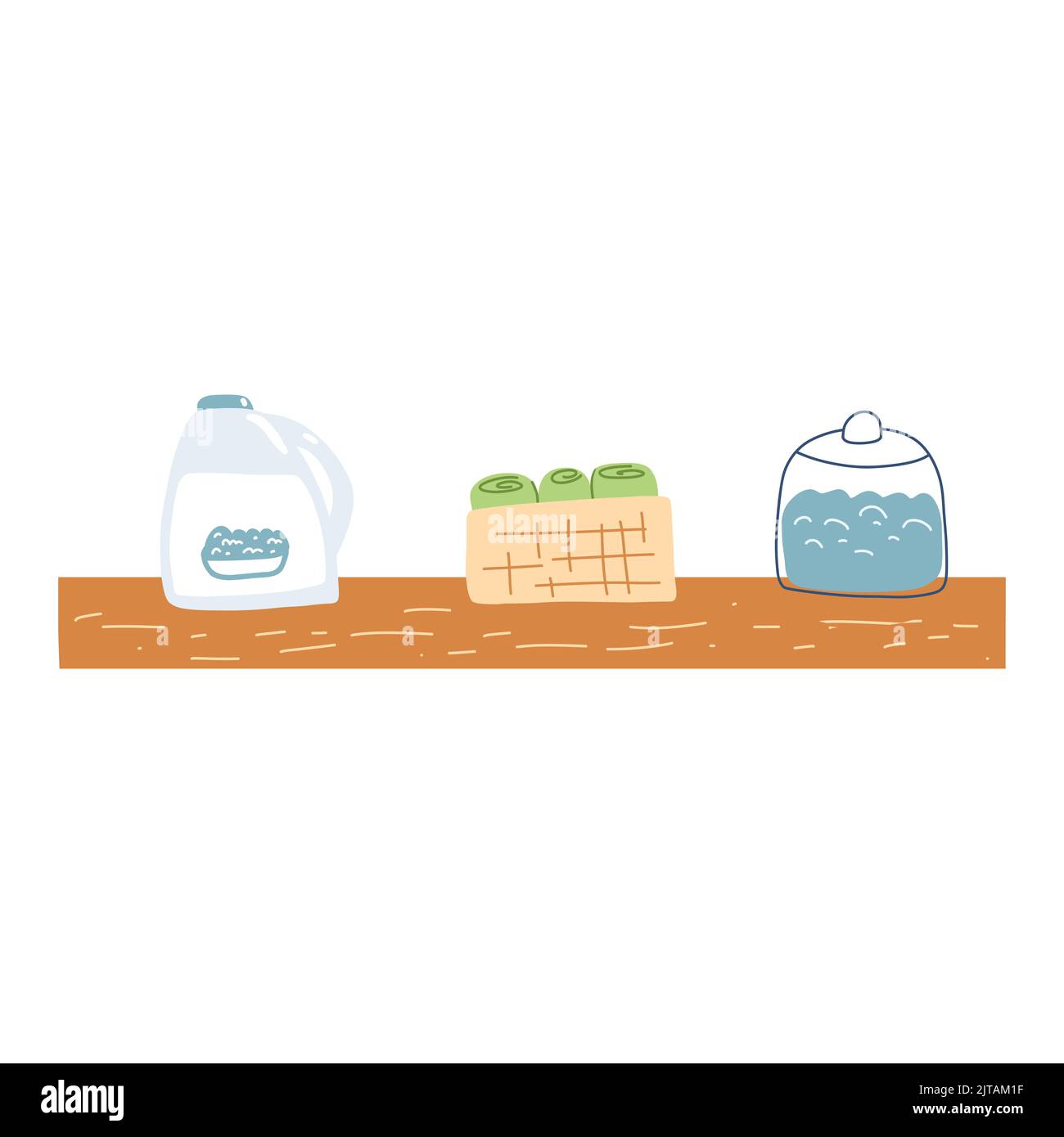 Bathroom shelf with bottles, detergent and towels in cartoon flat style ...