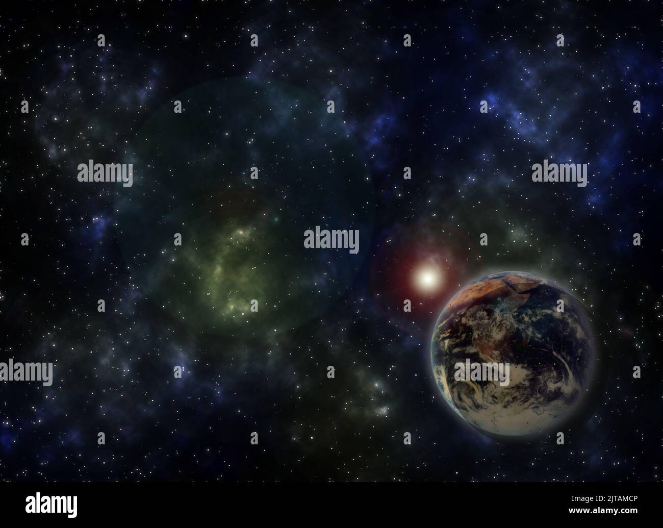 Glowing outer space background with beautiful earth, sun, and stars ...