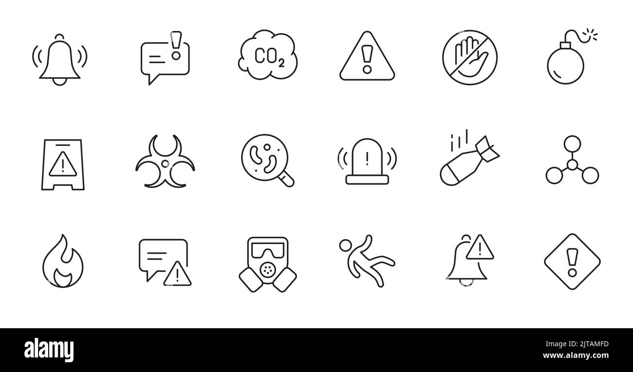 Danger biohazard line icon set. Fire danger, toxic, chemical radiation ...