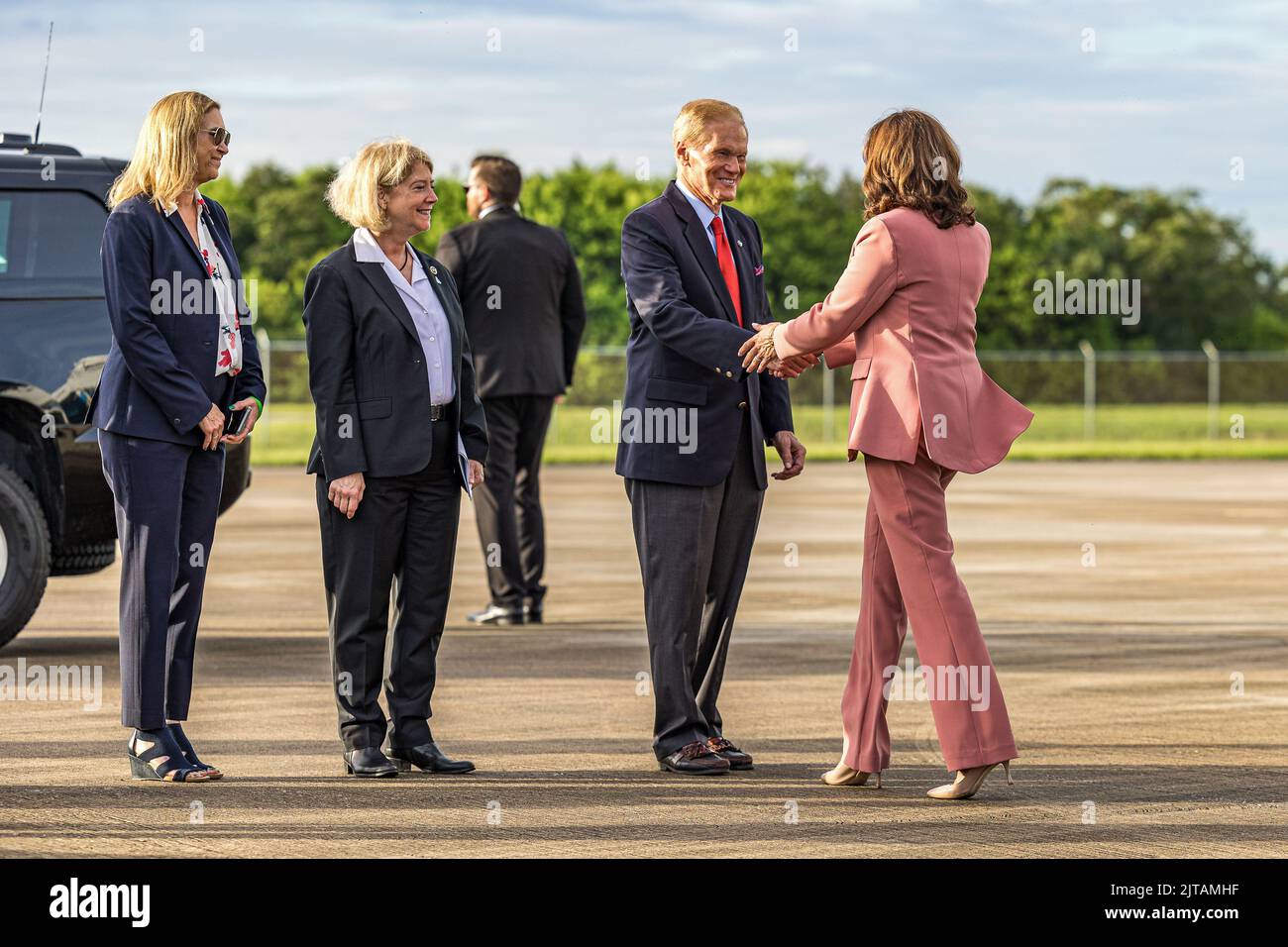 United States Vice President Kamala Harris is greeted by Bill Nelson ...