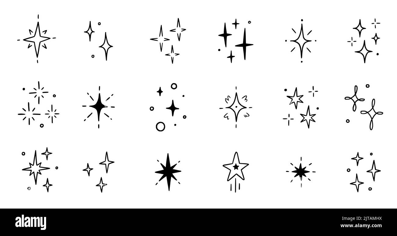 Line star glitter shine of doodle set. Star shine glow, spark glitter, sparkle light vector ...
