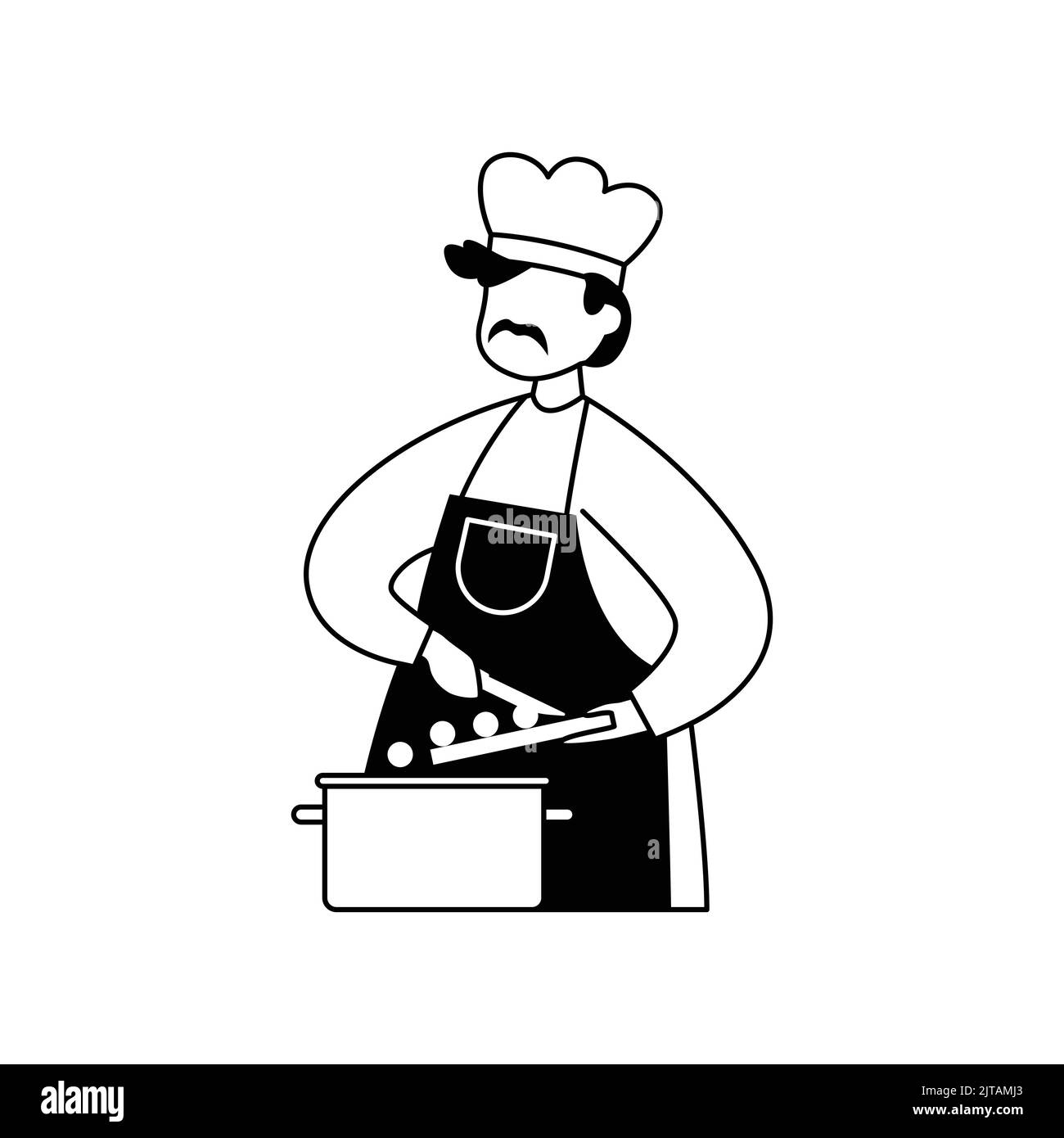 Vector illustration of a male chef cooking food in a saucepan. Outline ...