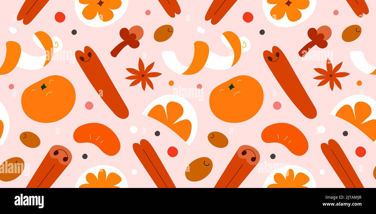 Spice, orange fruit and cinnamon illustrations, repeat background ...