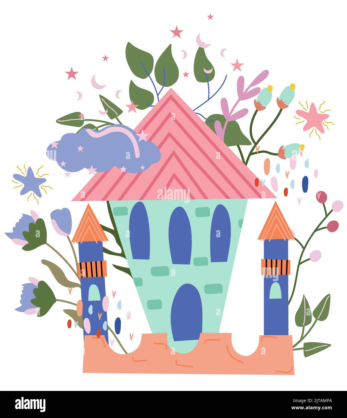 Cute colorful composition with cartoon princess castle, cloud, star ...