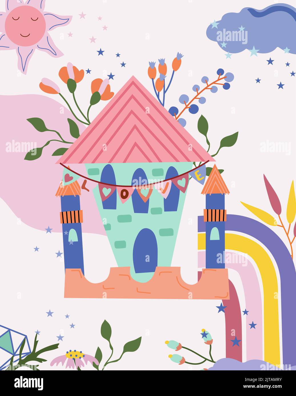 Cute colorful composition with cartoon princess castle, rainbow, sun ...