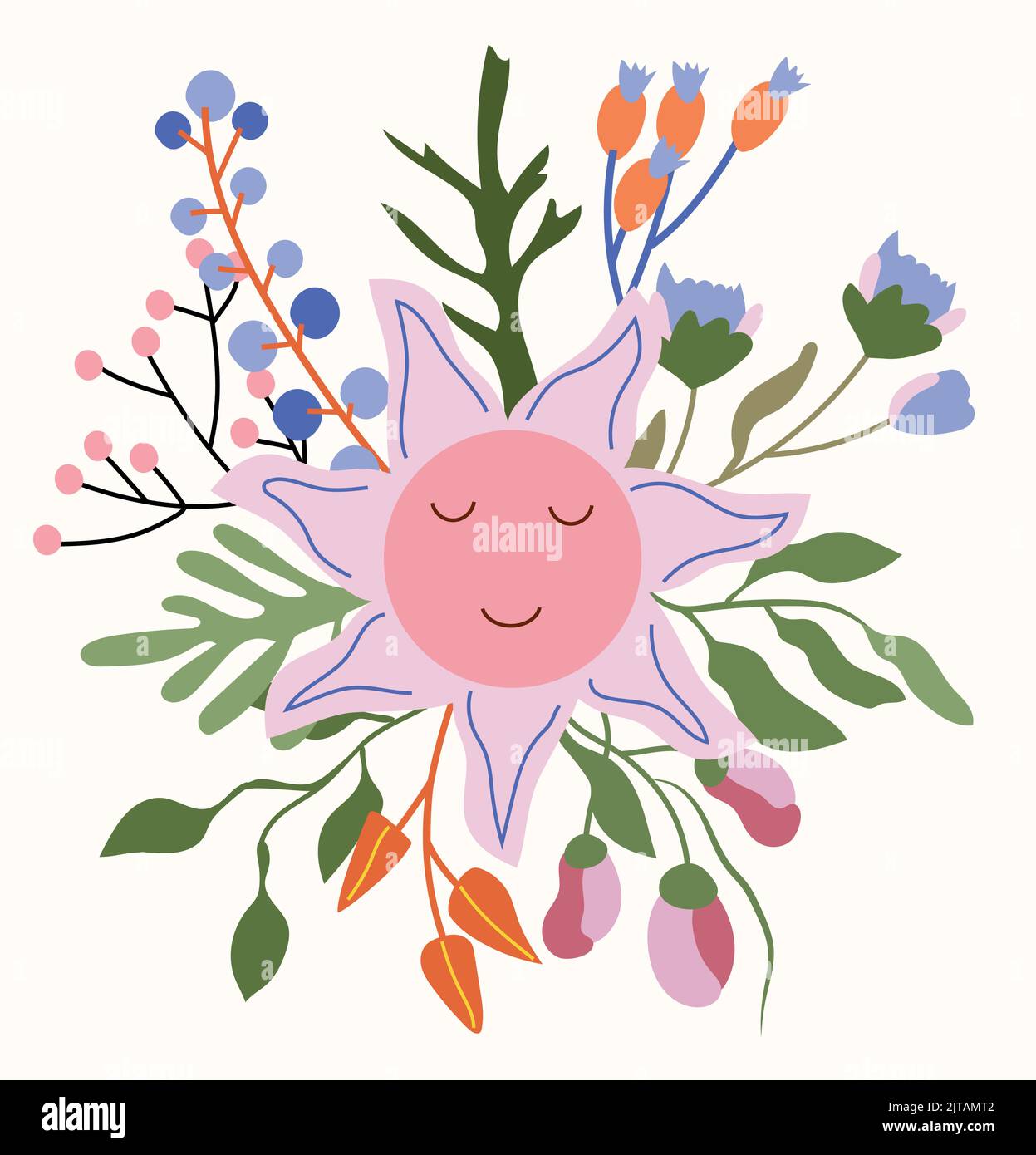 Bright sun with flowers, colorful leaves, berry. Magical illustrations ...