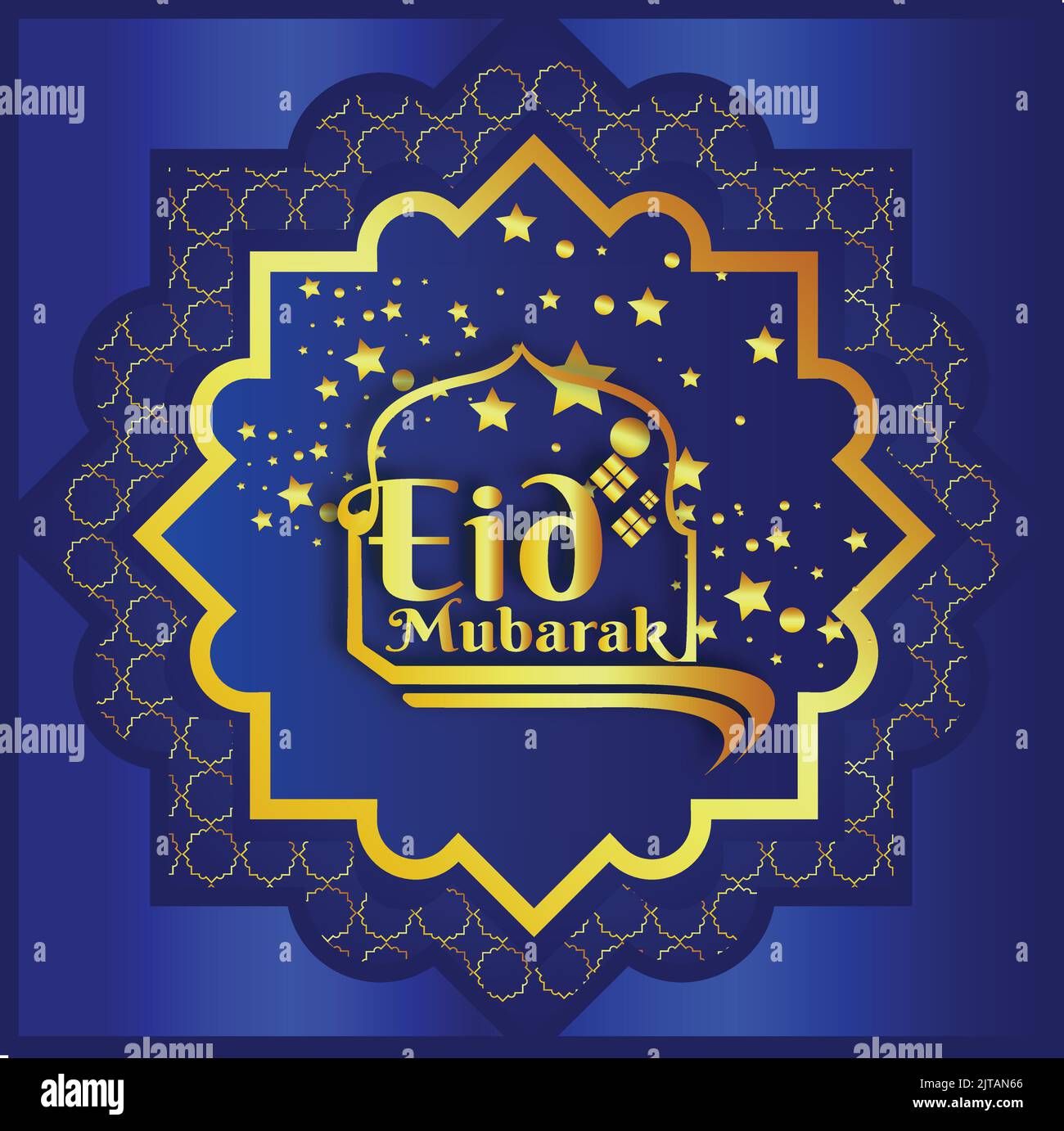 A vertical Arabic greeting card design with blue background and golden ...