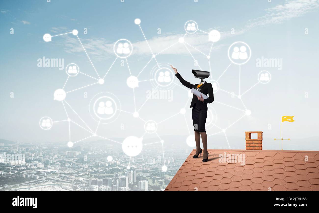 Concept of security and privacy protection with camera headed woman ...