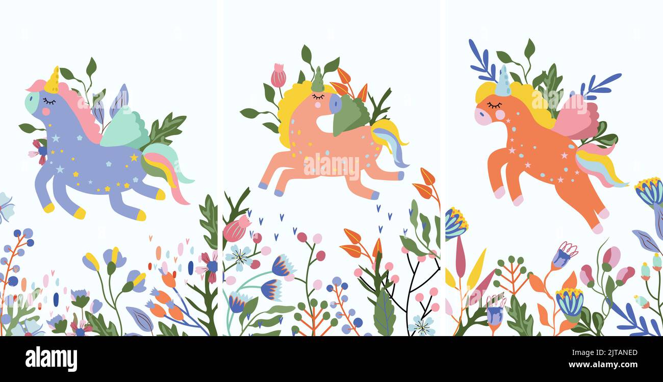 Fantastic Unicorn with colorful flowers and leaves. Poster with magical ...