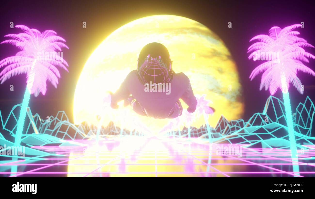 Astronaut runs surrounded by flashing neon lights. Retro 80s style ...