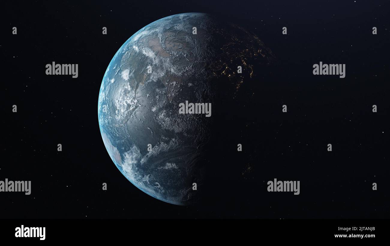 Realistic Earth in Space rotating and drifting away, stars in ...