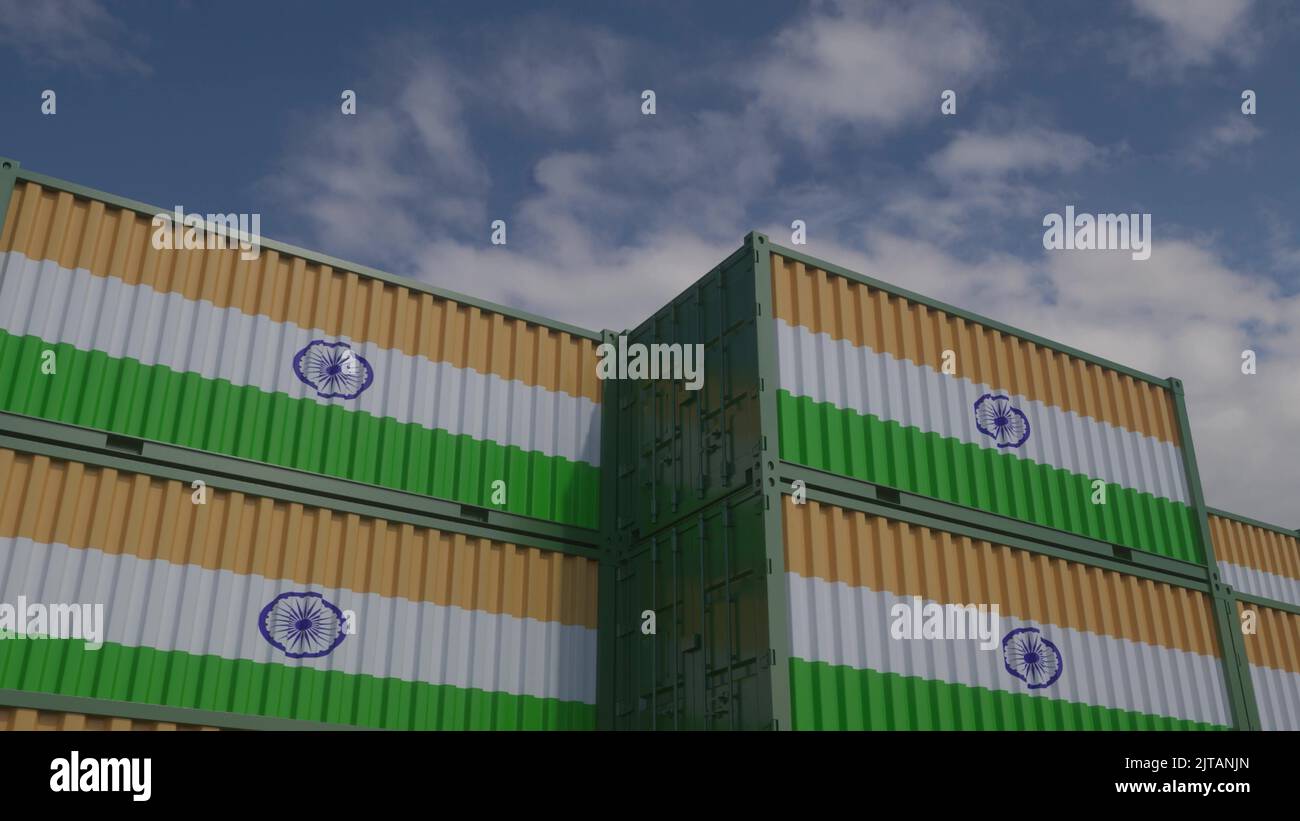 India flag containers are located at the container terminal. India ...