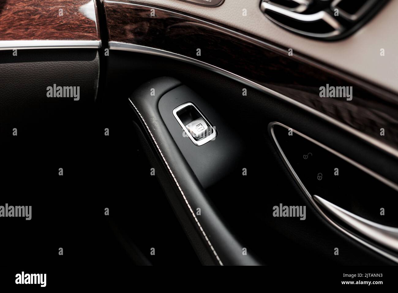 Power window control panel. Car interior details of door handle Stock ...