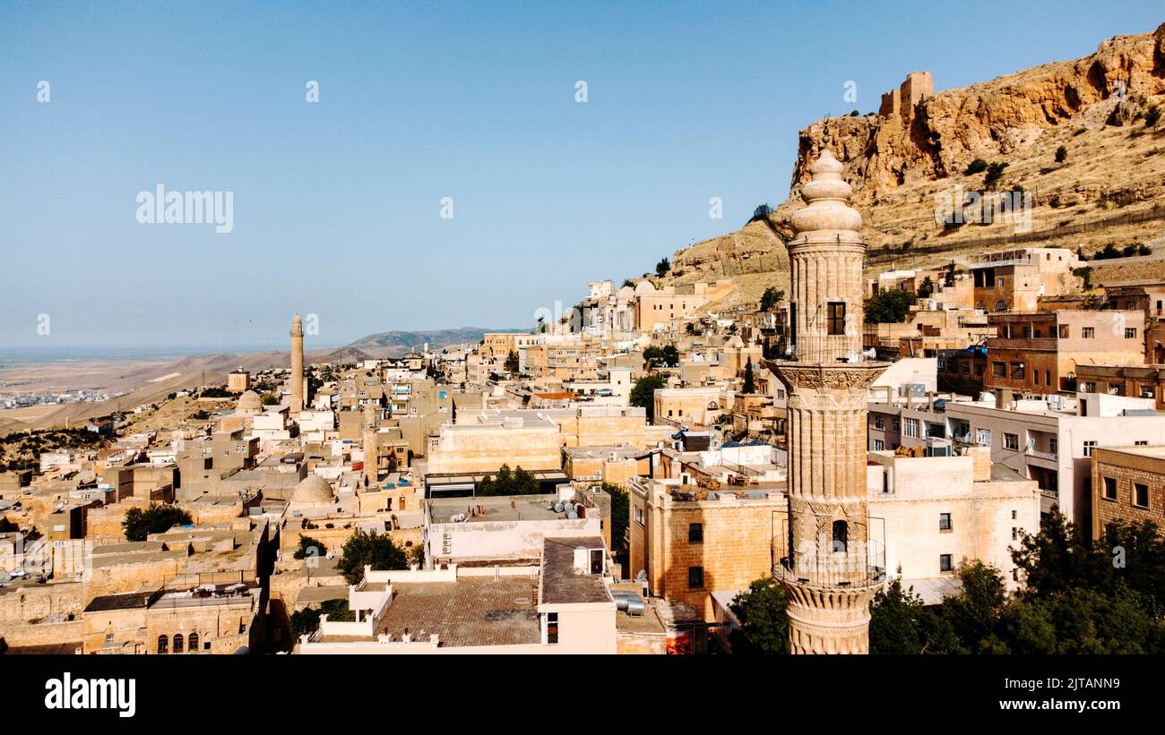 Aerial drone view to the streets of the ancient city Mardin ...