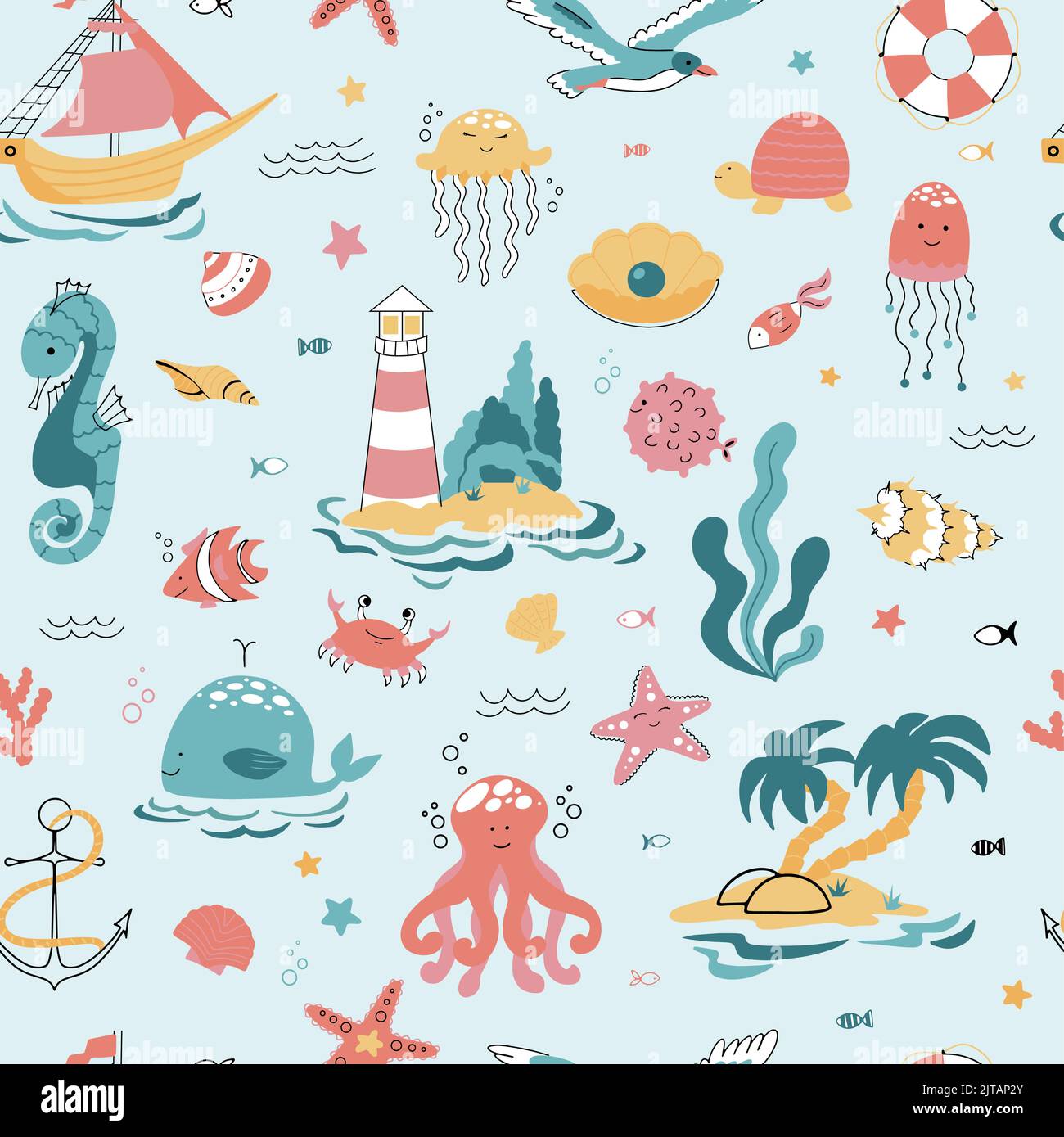 Cute seamless pattern nautical theme. Ocean and sea life background for ...