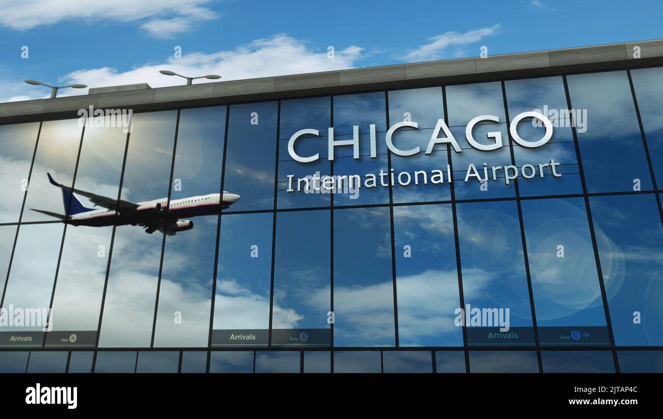 Aircraft landing at Chicago, Illinois, USA 3D rendering illustration ...