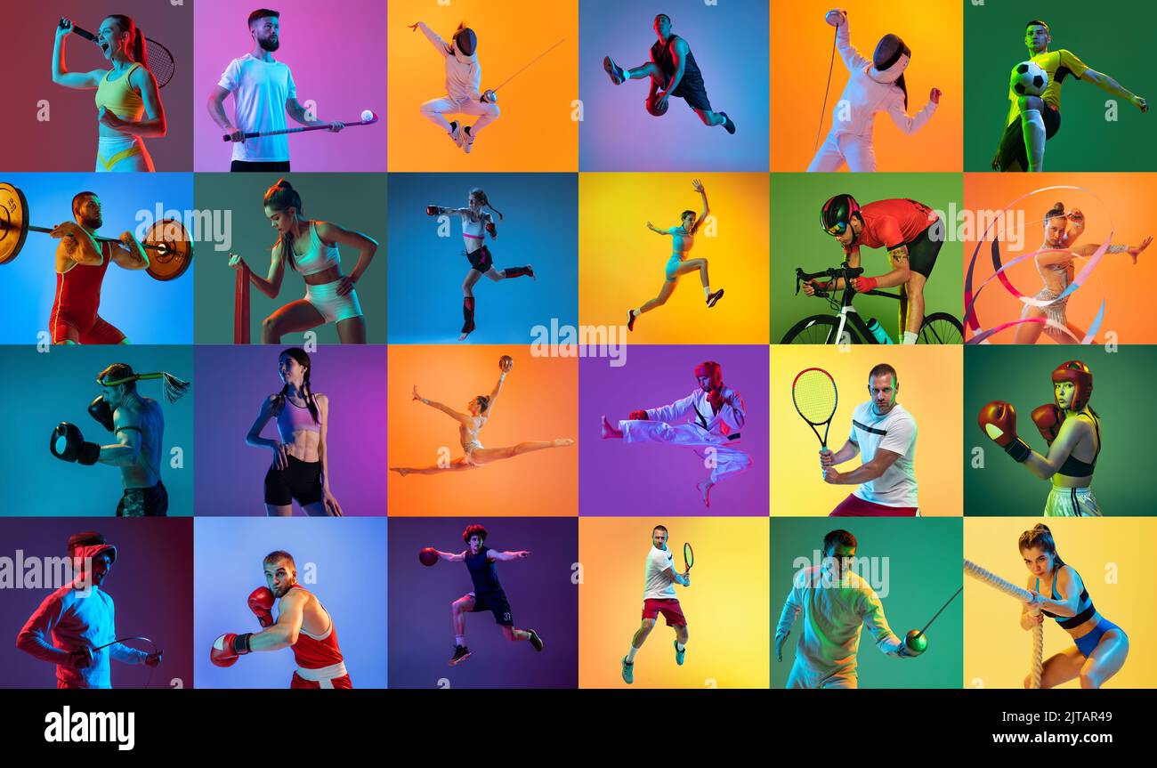 Sport collage of professional athletes on gradient multicolored neoned ...