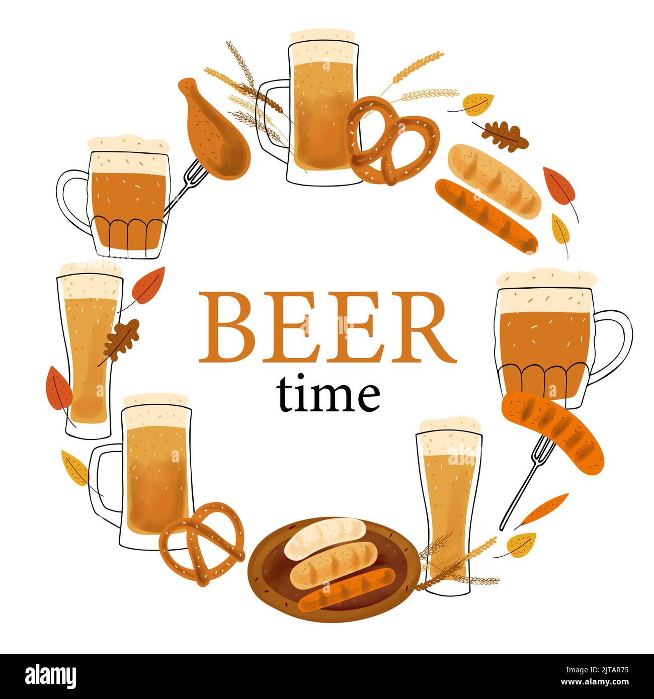 Frame background with stylized illustration mugs of beer, pretzel snack ...