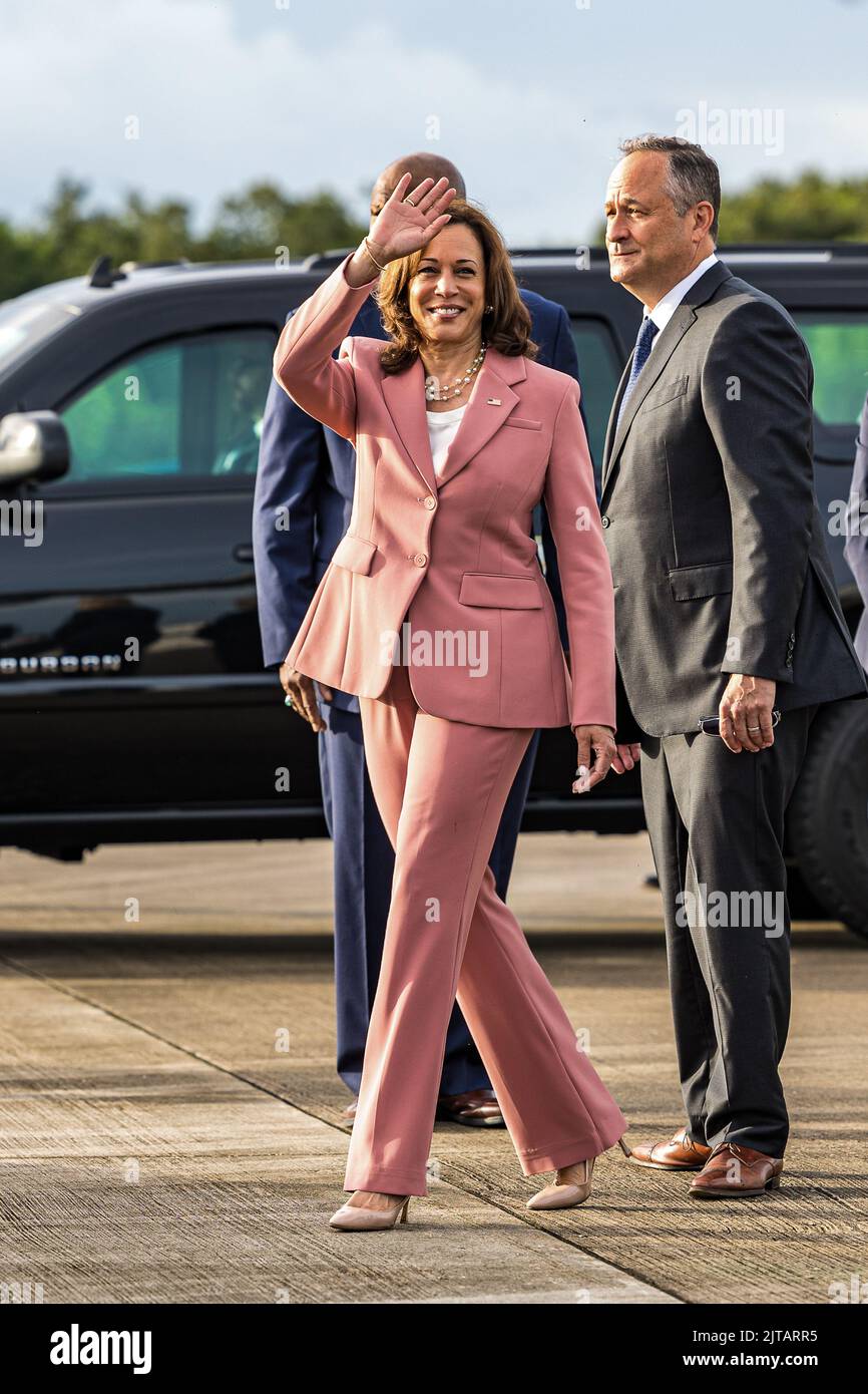 United States Vice President Kamala Harris waves as she and second ...