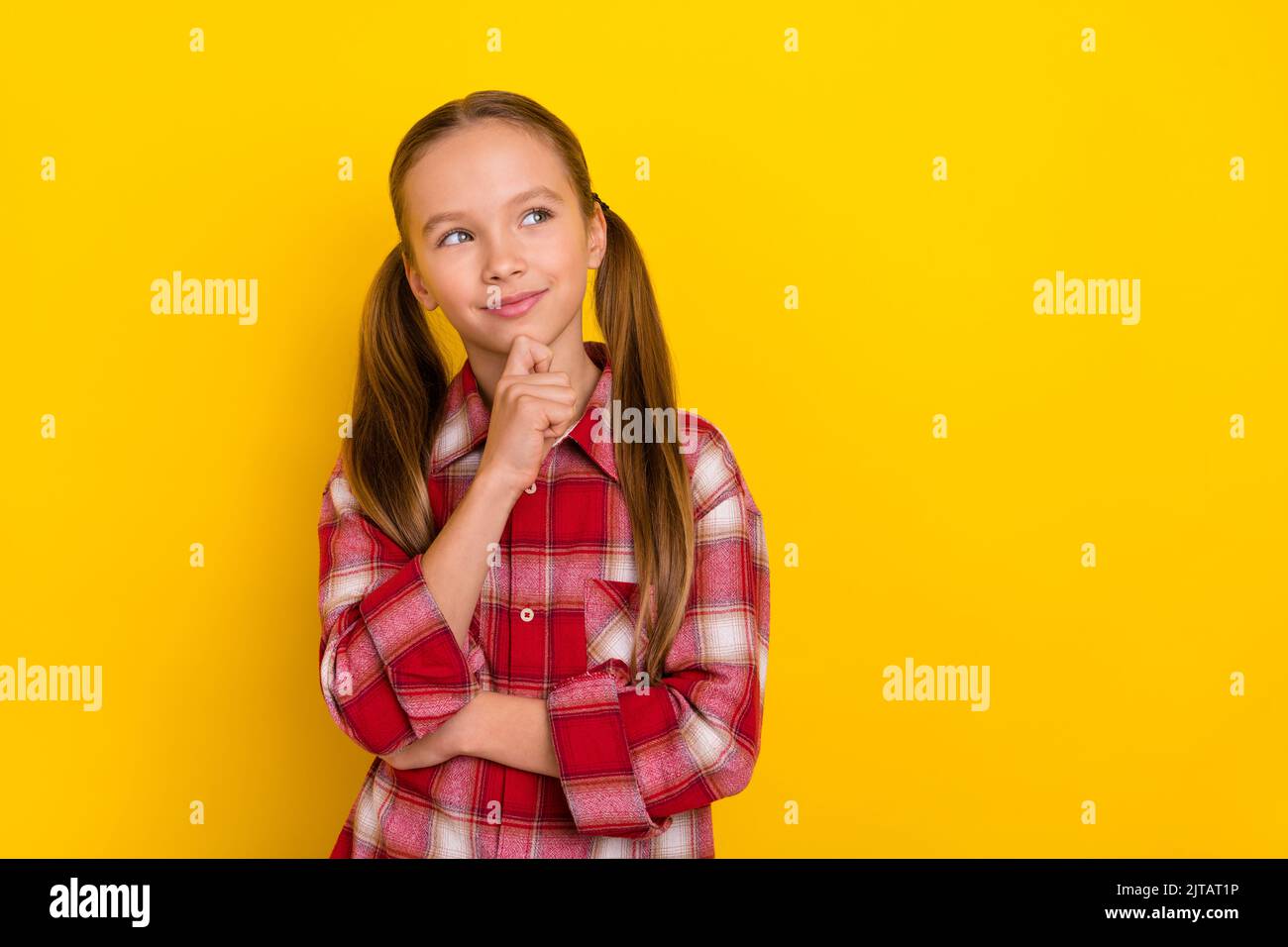 Photo of funny dreamy schoolgirl wear checkered shirt arm chin looking ...
