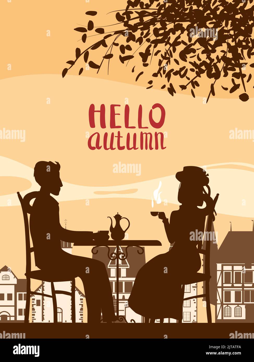 Poster Hello Coffee street cafe, couple at the table, fall mood Stock ...