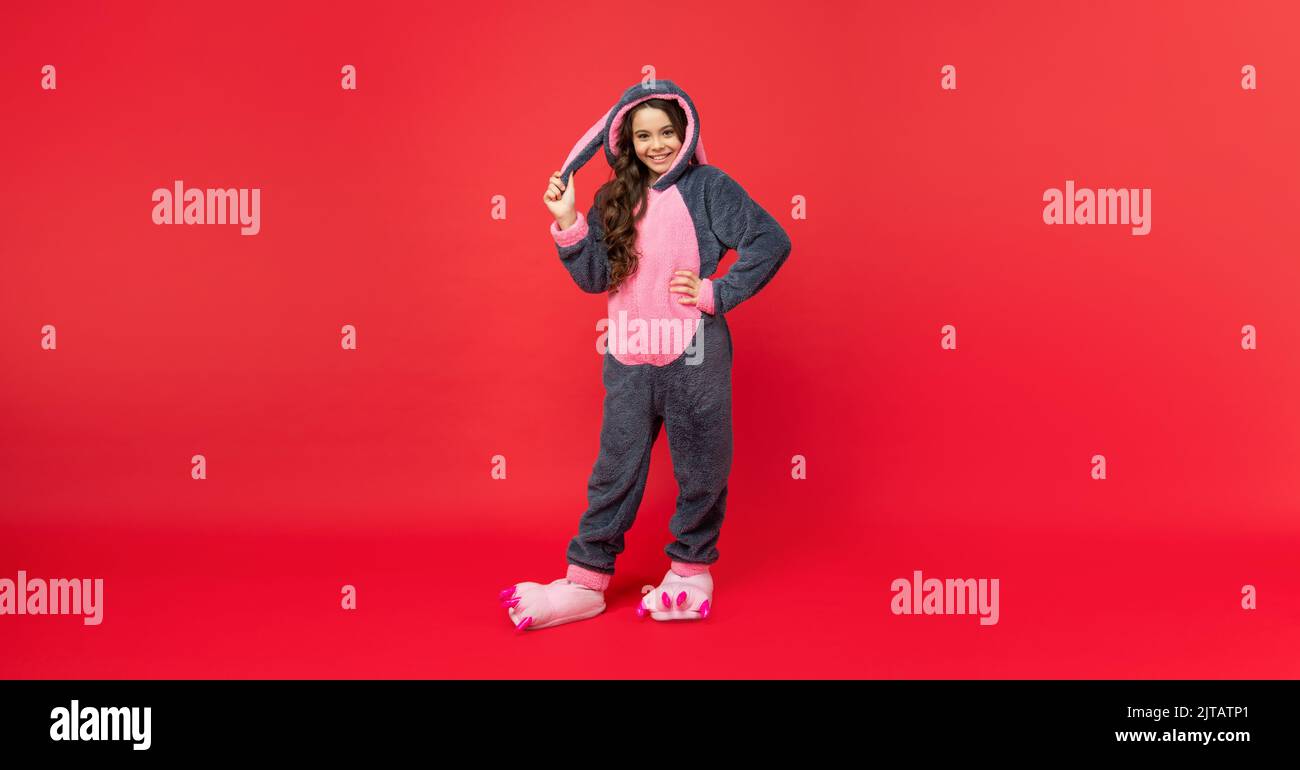 childhood happiness. good morning. kid wear soft night suit. full ...