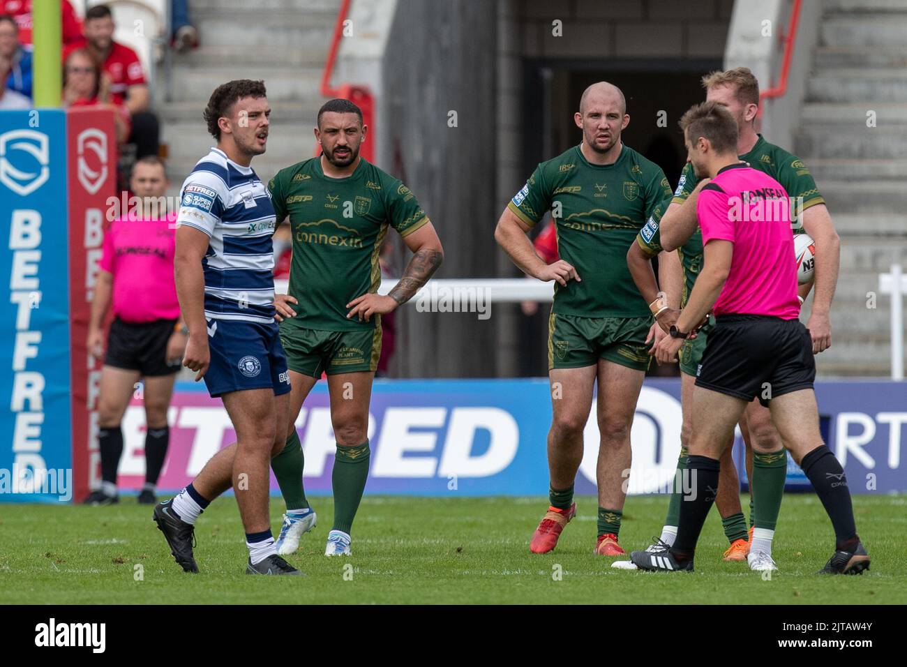 Oliver Partington #17 of Wigan Warriors is awarded a yellow card and ...