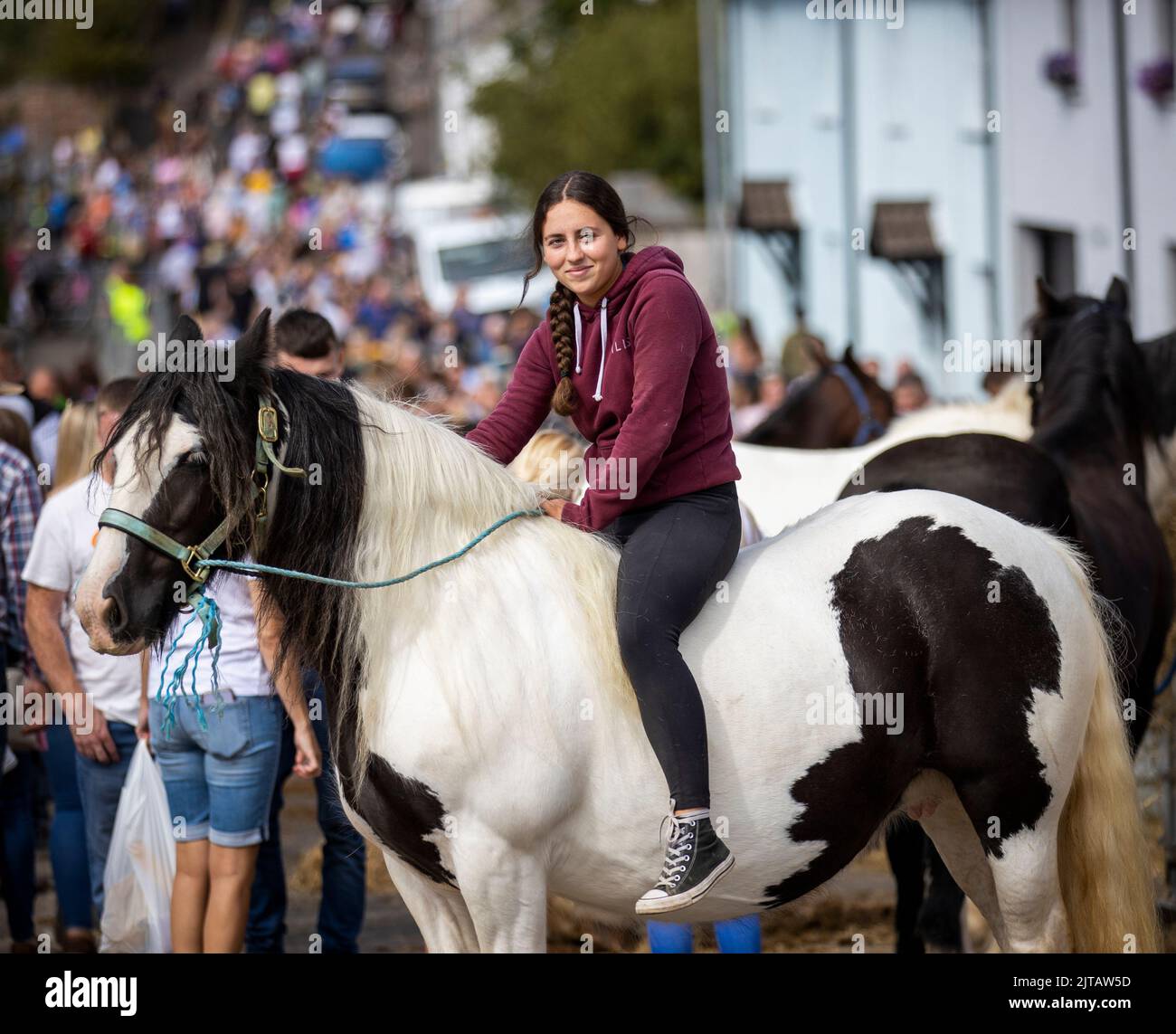 Shannan Carton, 14, sits in her cousin's Irish Cob, Molly, during the ...