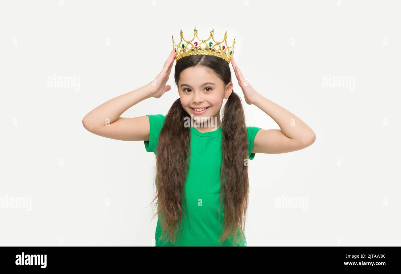 Kid wear golden crown symbol of princess. Girl dreaming become princess ...