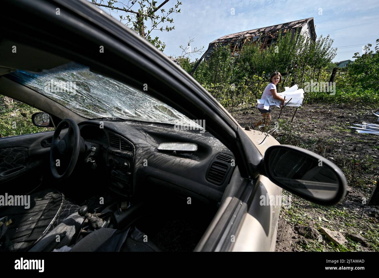 ZAPORIZHZHIA, UKRAINE - AUGUST 28, 2022 - The consequence of an attack ...