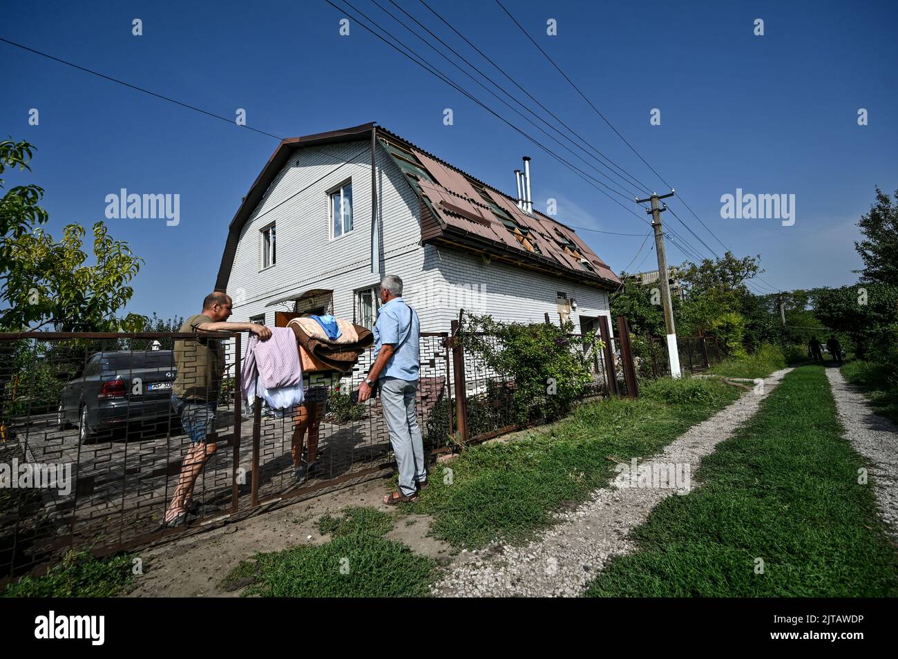 ZAPORIZHZHIA, UKRAINE - AUGUST 28, 2022 - The consequence of an attack ...