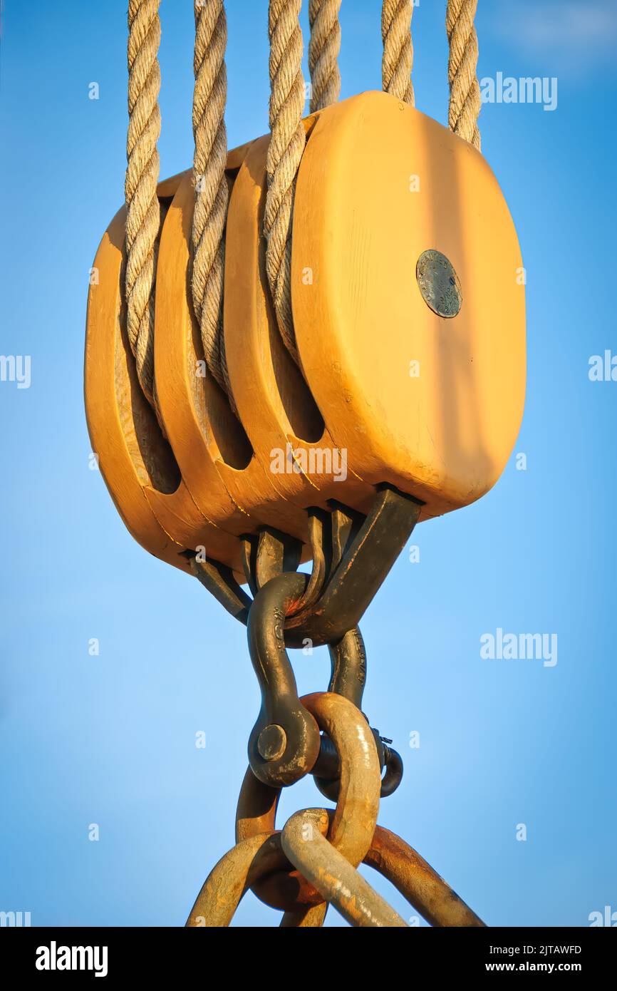 Three-gang boom pulley block on saltbanker schooner Stock Photo - Alamy