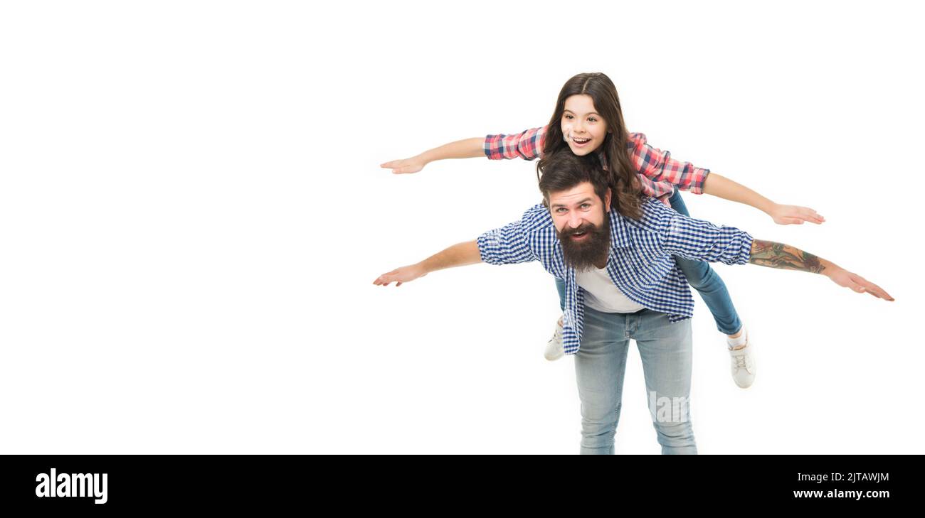 Father and daughter play planes game. Kid play game fly as plane with ...
