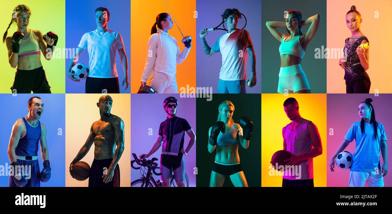 Sport collage of professional athletes on gradient multicolored neoned ...