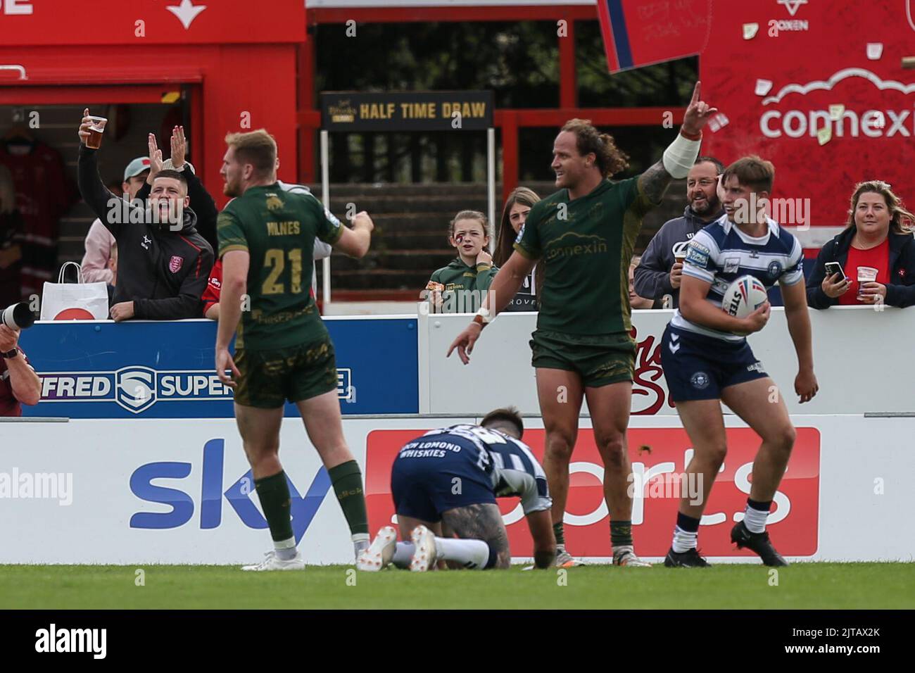 Korbin Sims #16 of Hull KR celebrates his try in the first half Stock ...