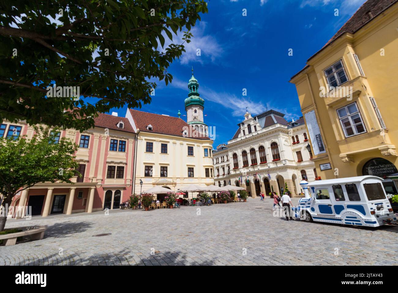Fo ter (Main Square) with Firewatch Tower and tourist train, Sopron ...