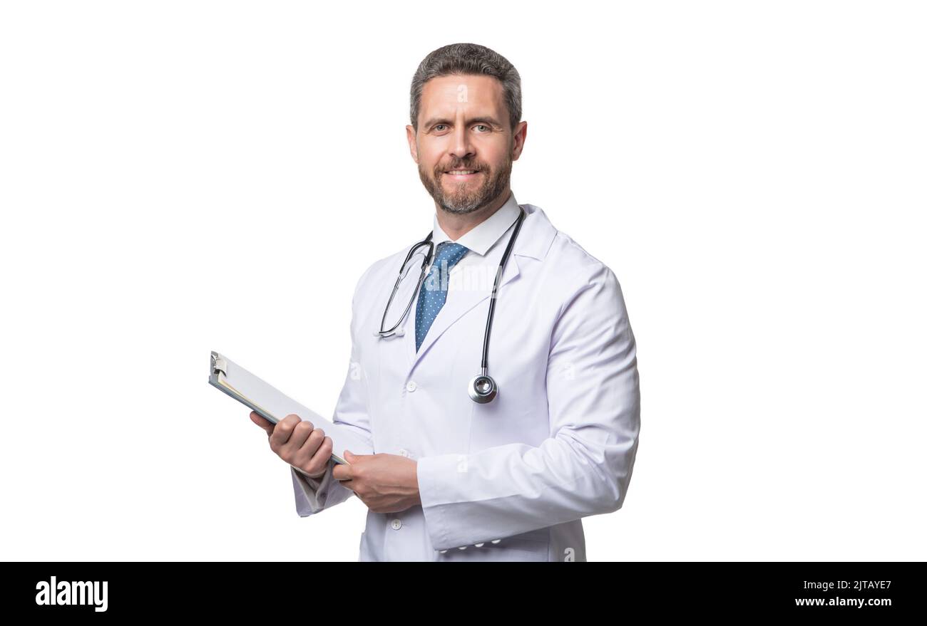 happy physician with clipboard. physician isolated on white. physician ...