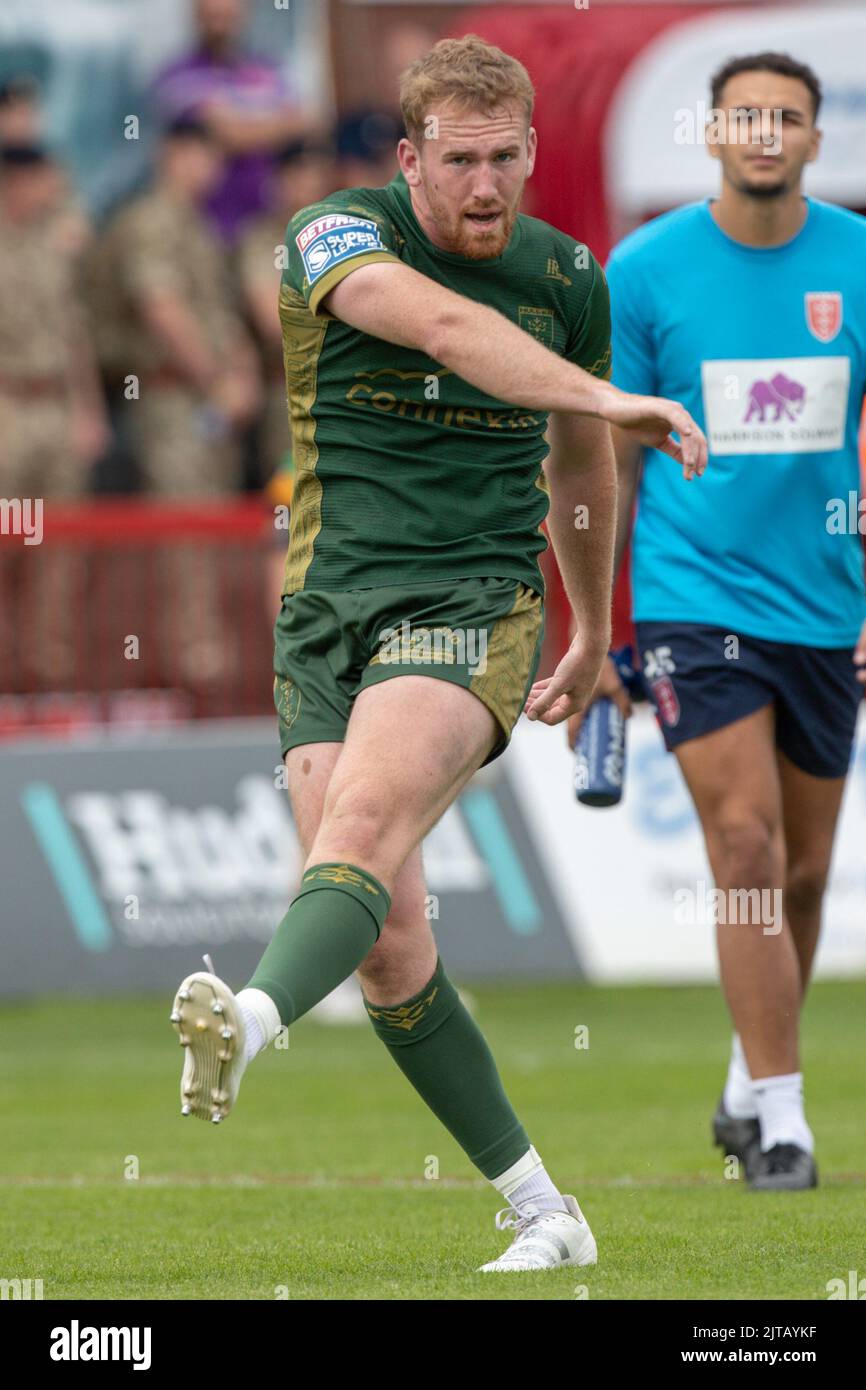 Rowan Milnes #21 of Hull KR takes the conversion kick and scores to ...