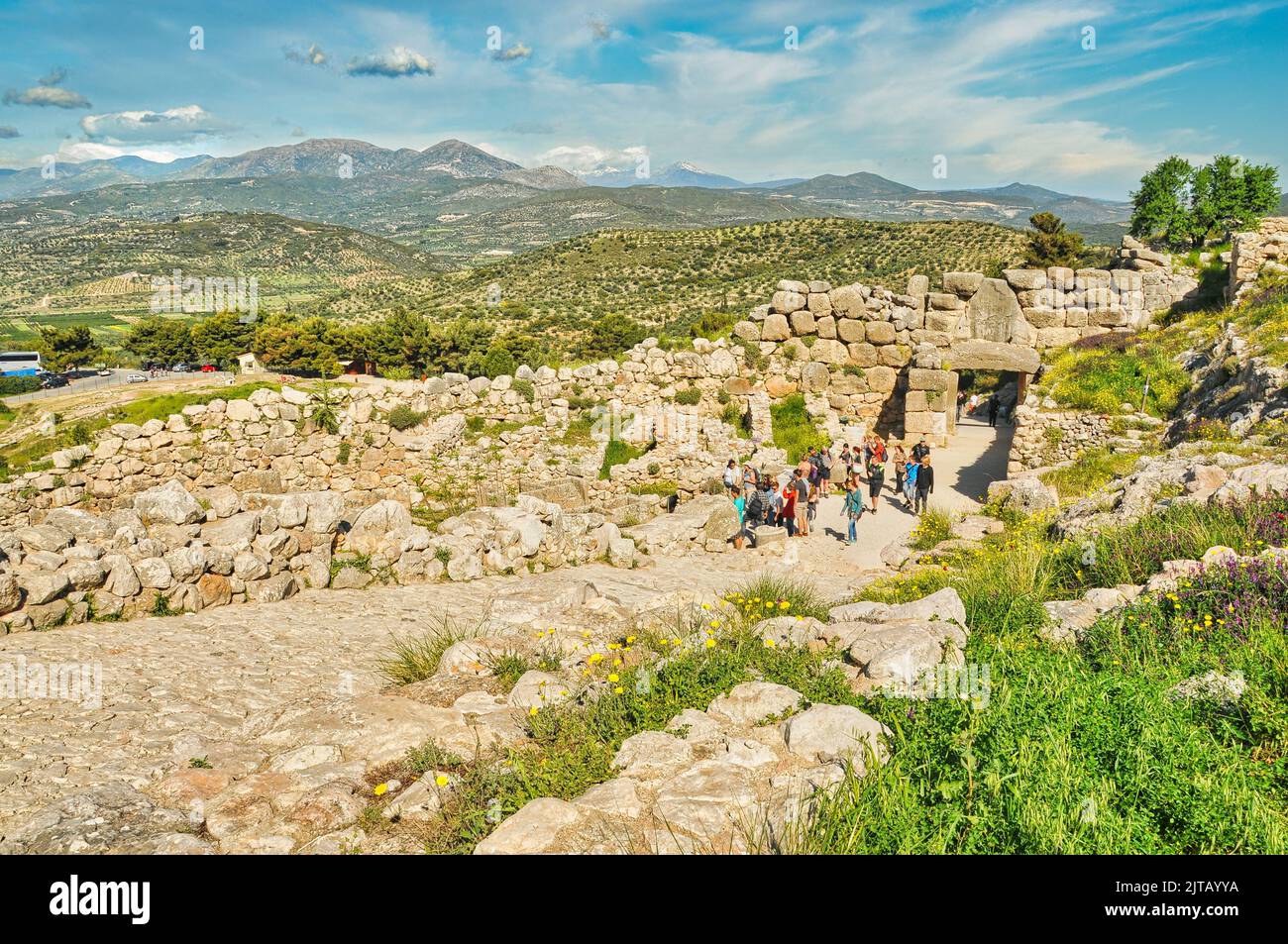 The archaeological site of Mycenae with tourists in Argolis, north ...