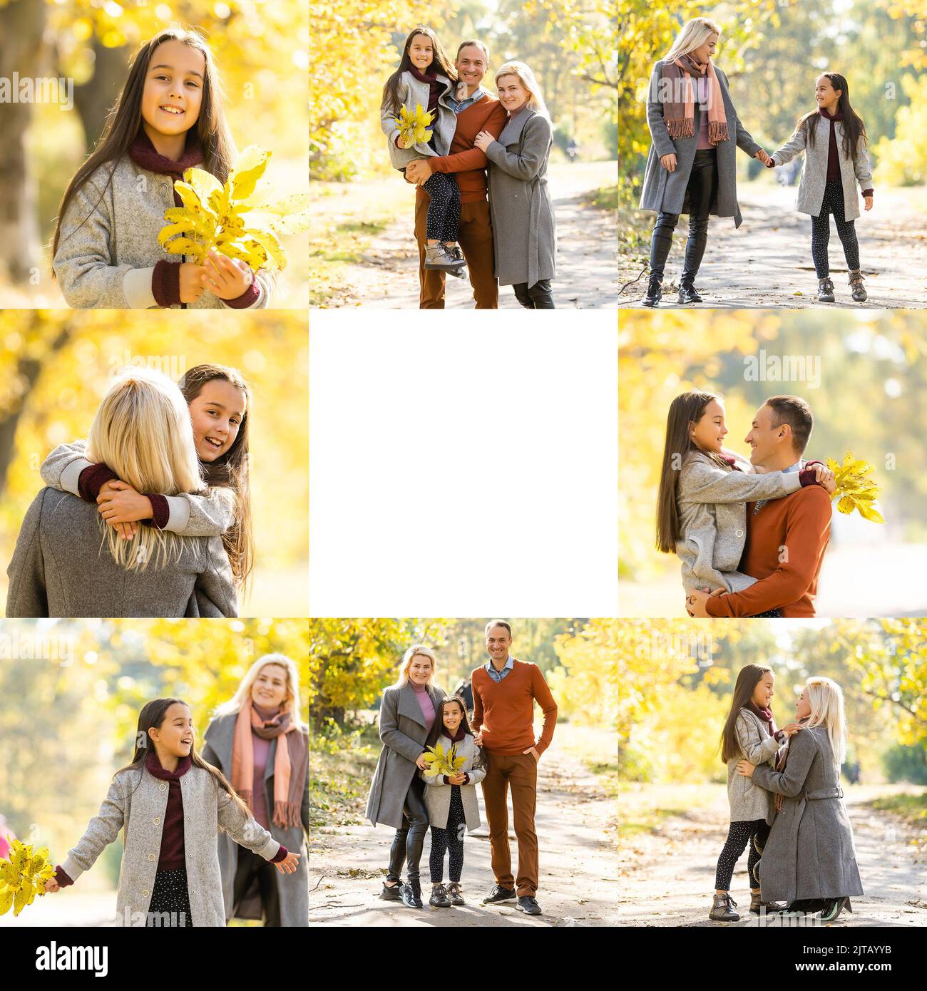 Collage with several photos of family outdoor at fall park. Happy and ...