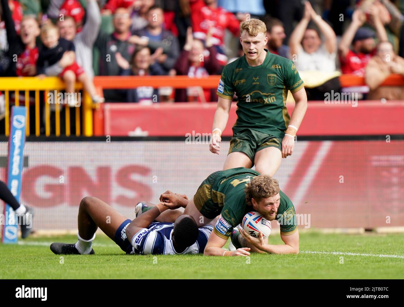 Hull Kingston Rovers' Ethan Ryan scores their side's sixth try during ...