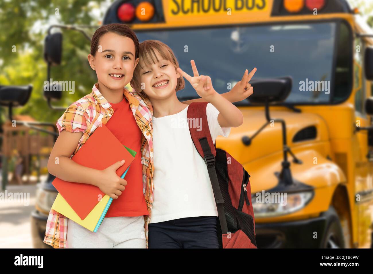 Little kids schoolchildren pupils students, the school bus. Welcome ...