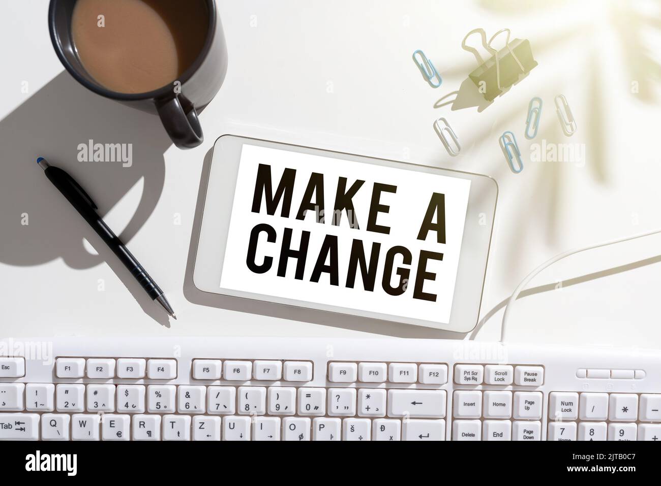 Hand writing sign Make A Change. Business showcase Try new thing Evolve ...