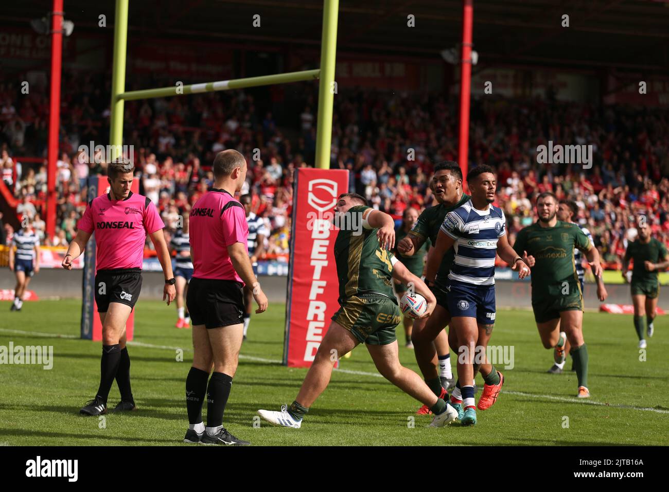 Zach Fishwick #34 of Hull KR celebrates his try in the second half ...