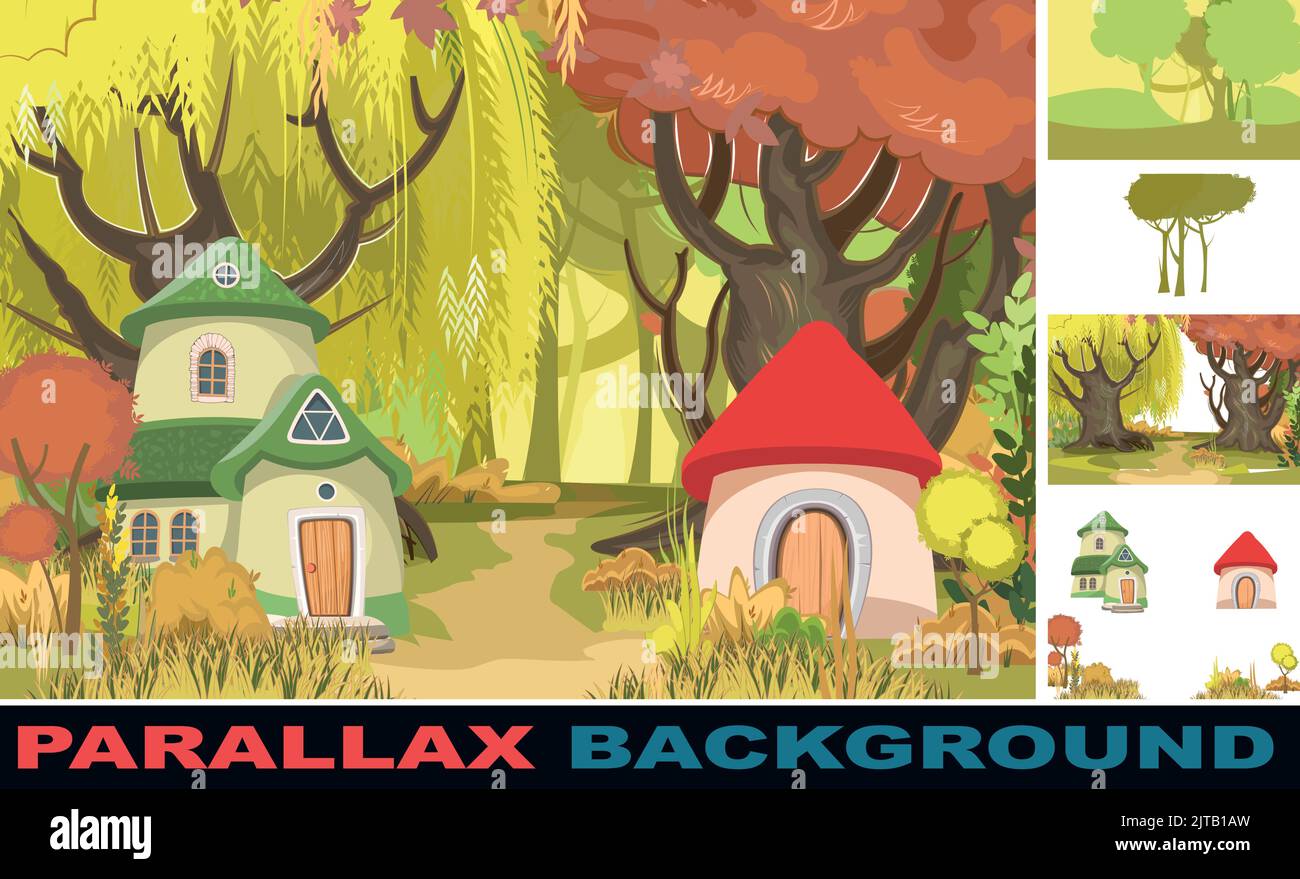 Fairy-tale houses against backdrop of forest landscape. Set parallax effect. Clearing and path ...